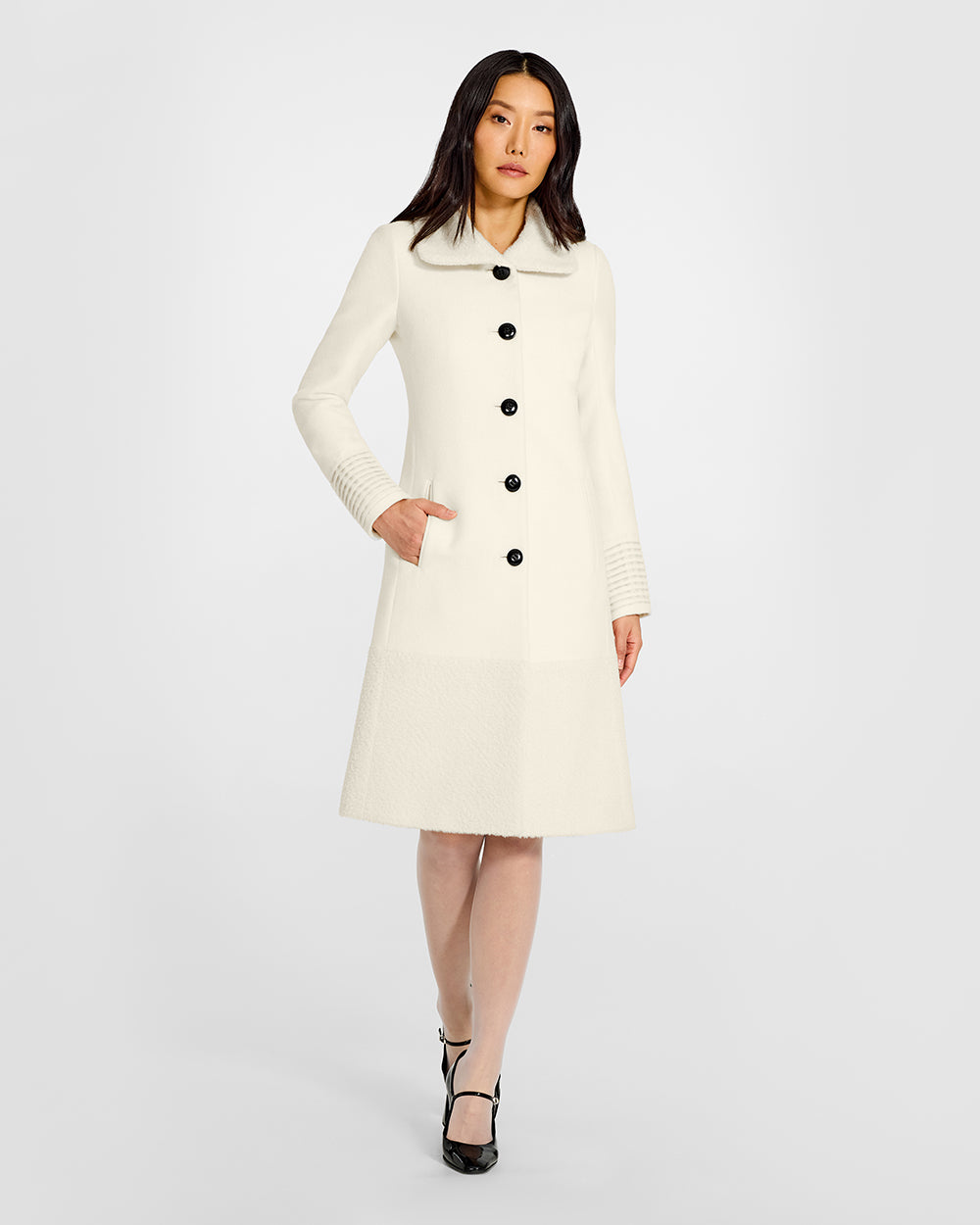 A-line Ivory Coat with Alpaca Collar and Trim | SENTALER